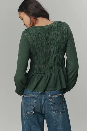 PILCRO Long-sleeve Smocked Top - Forest Green