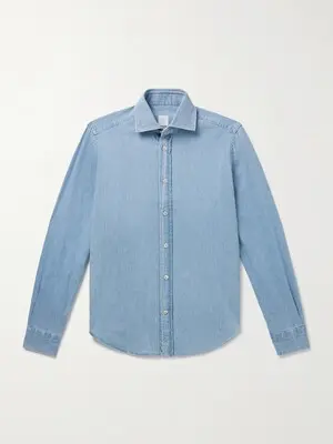 Eleventy Slim-fit Cotton-chambray Shirt - Blue