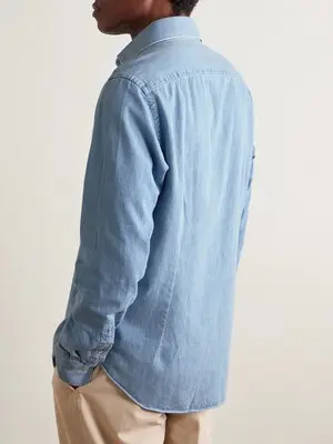 Eleventy Slim-fit Cotton-chambray Shirt - Blue
