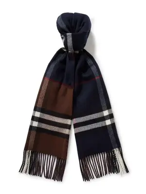 Burberry Fringed Checked Cashmere Scarf - Blue
