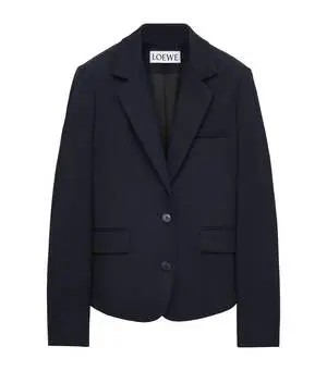 Loewe Wool Blazer With Calf Leather Buckle Detail - Navy