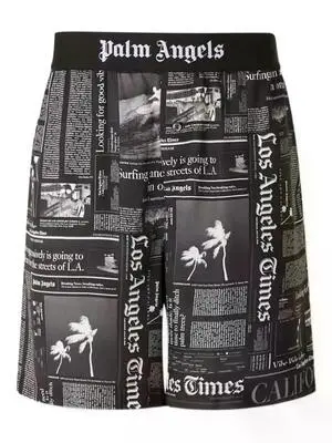 Palm Angels Newspaper-print Elastic-waist Shorts - Black