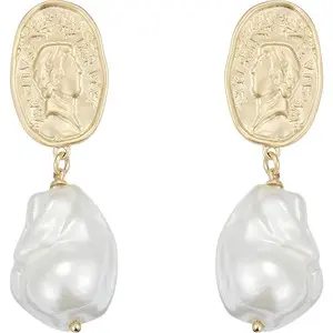 CLASSICHARMS Matted Sculpted Baroque Pearl Drop Earrings - Gold