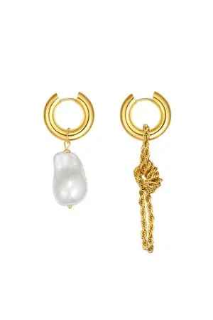 CLASSICHARMS Asymmetrical Baroque Pearl Drop Hoop Earrings - Gold
