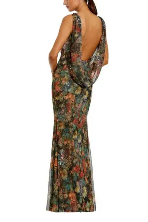 Mac Duggal High Neck Printed Mesh Cowl Back Column Gown