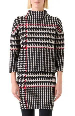 Akris Mixed Houndstooth Check Stretch Virgin Wool Sweater