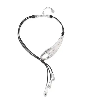 UNODE50 Sterling Plated Leather Fringe Drop Necklace - Silver