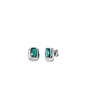 UNODE50 Rectangular Sterling -plated Earrings With Green Crystal - Silver