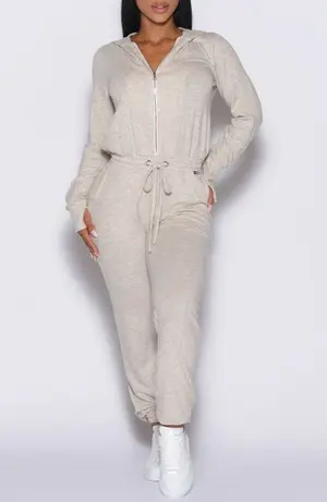 BOMBSHELL SPORTSWEAR Hooded Flirty Jumpsuit - Cozy Oat