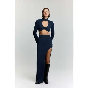 JENDUE Whispers Denim Maxi Skirt With Side Slit - Blue
