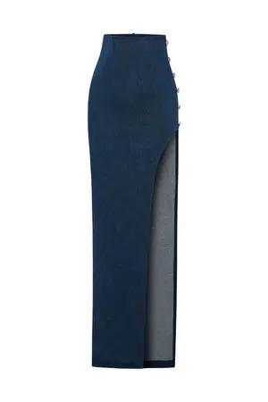 JENDUE Whispers Denim Maxi Skirt With Side Slit