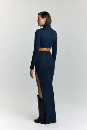 JENDUE Whispers Denim Maxi Skirt With Side Slit