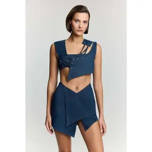 JENDUE Endless Line Denim Mini Skirt - Blue