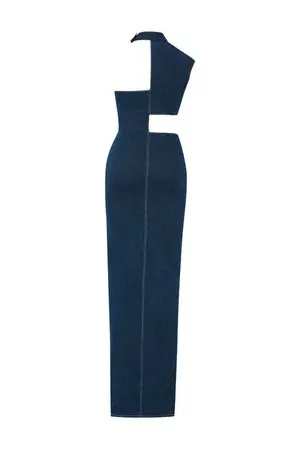 JENDUE Denim Asymmetrical Maxi Dress With Cut-out Detail