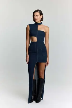 JENDUE Denim Asymmetrical Maxi Dress With Cut-out Detail
