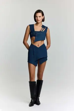 JENDUE Denim Lace-up Crop Top