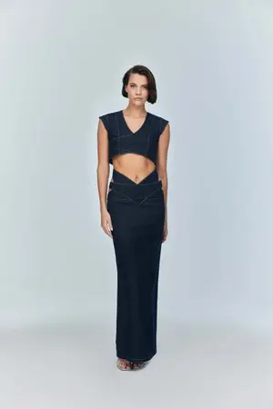 JENDUE Cut-out Denim Maxi Skirt