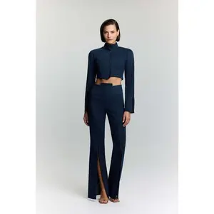JENDUE High-waisted Flared Jeans With Slits - Deep Blue