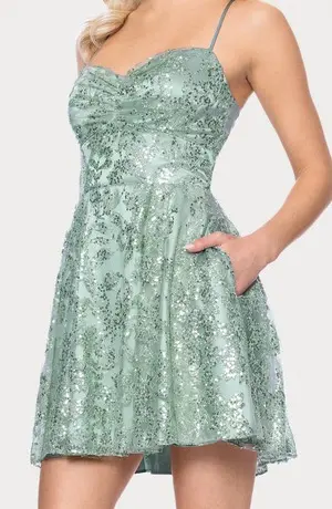 BLONDIE NITES Glitter Lace-up Fit & Flare Mini Dress - Sage