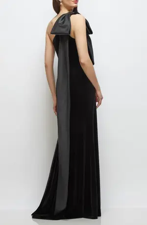 After Six Satin Bow One-shoulder Velvet Mermaid Gown