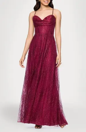 BLONDIE NITES Glitter Draped Lace-up Gown