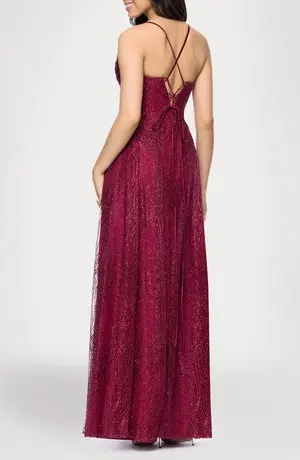 BLONDIE NITES Glitter Draped Lace-up Gown