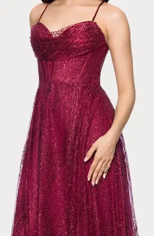 BLONDIE NITES Glitter Draped Lace-up Gown