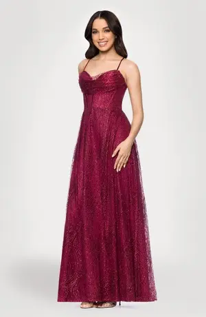 BLONDIE NITES Glitter Draped Lace-up Gown