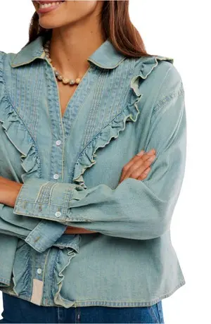 Free People Tattered And Ruffled Chambray Top