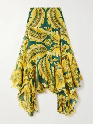 Etro Asymmetric Ruffled Printed Silk Skirt - Yellow