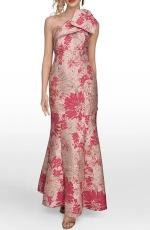Donna Karan New York Metallic One-shoulder Jacquard Mermaid Gown - Fuchsia Multi