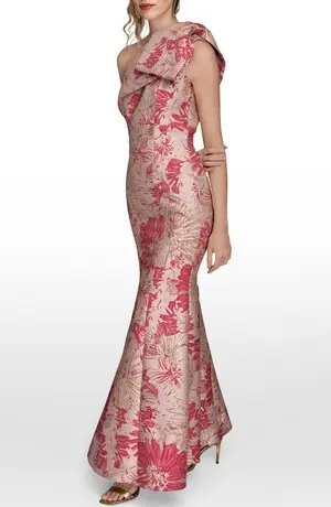 Donna Karan New York Metallic One-shoulder Jacquard Mermaid Gown - Fuchsia Multi