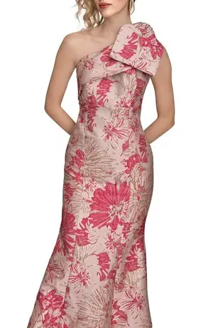 Donna Karan New York Metallic One-shoulder Jacquard Mermaid Gown - Fuchsia Multi