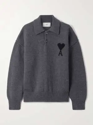 Ami Oversized Intarsia-knit Wool Polo Sweater - Dark Gray