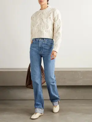 Bottega Veneta Suede-trimmed High-rise Straight-leg Organic Jeans - Blue