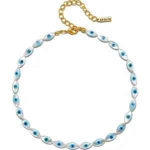 Sequin Beaded Mother-of-pearl Evil Eye Choker - White