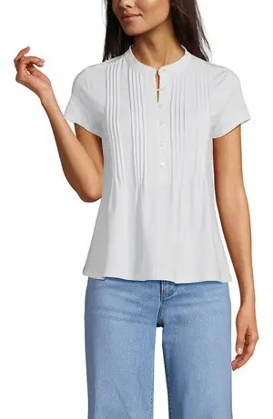 LANDS' END Short Sleeve Pintuck Button Top - White