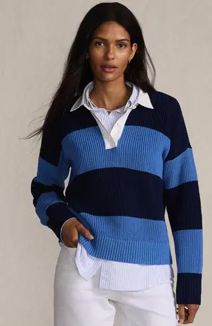 LANDS' END Drifter Rugby With Woven Collar Sweater