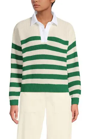 LANDS' END Drifter Rugby With Woven Collar Sweater - Vibrant Clover Stripe