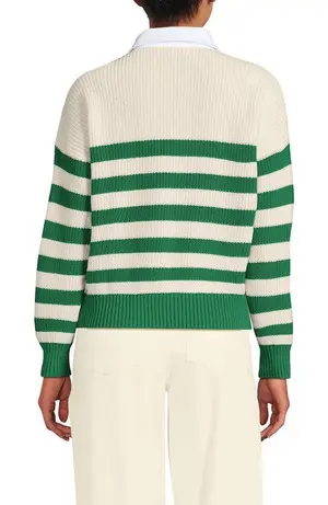 LANDS' END Drifter Rugby With Woven Collar Sweater - Vibrant Clover Stripe