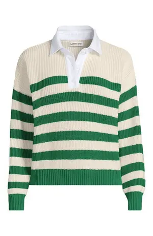 LANDS' END Drifter Rugby With Woven Collar Sweater - Vibrant Clover Stripe