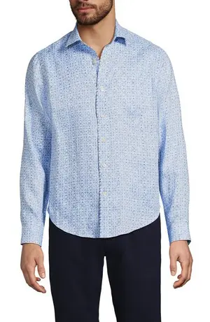 LANDS' END Long Sleeve Linen Shirt - Crisp Blue Mosaic