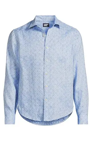 LANDS' END Long Sleeve Linen Shirt - Crisp Blue Mosaic
