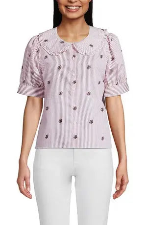 LANDS' END Puff Sleeve Ruffle Collar Shirt - White/brown Floral Stripe