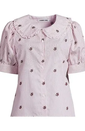 LANDS' END Puff Sleeve Ruffle Collar Shirt - White/brown Floral Stripe