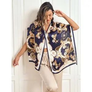 SILKSILKY Mulberry Silk Printed Carriage Long Rectangle Shawl Scarf - Dark Blue