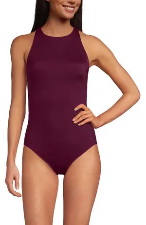 LANDS' END Tugless High Neck Portrait Back One Piece Swimsuit - Berry