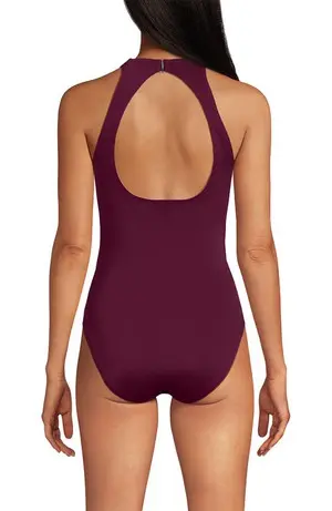 LANDS' END Tugless High Neck Portrait Back One Piece Swimsuit - Berry