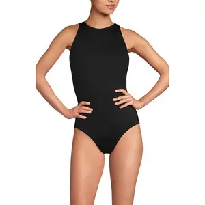 LANDS' END Tugless High Neck Portrait Back One-piece Swimsuit - Black