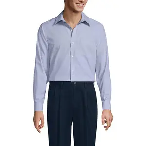 LANDS' END No Iron Supima Cotton Pinpoint Straight Collar Dress Shirt Vibrant Lapis Mini Check